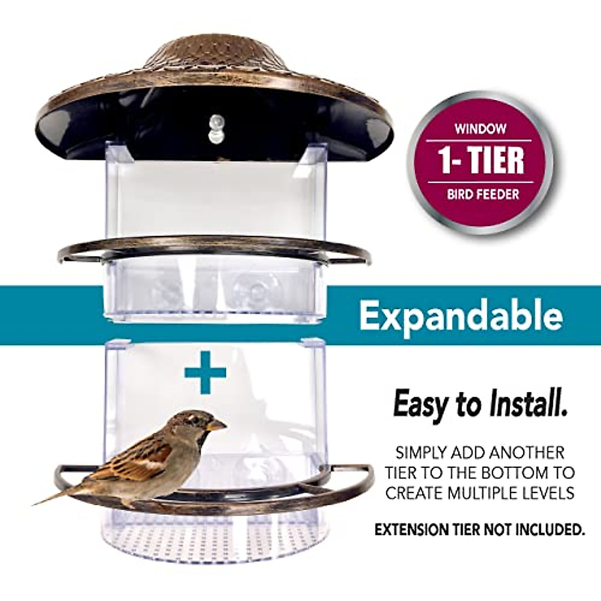 Skyline 1-Level Window-Mount Bird Feeder Kit, Strong Suction Cups and Drainage Holes, Clear Transparent Bird Feeder, Expandable, Antique Copper Finish