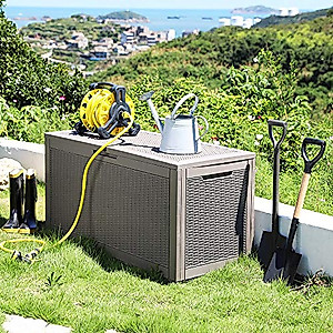 Modern-Depo 100 Gallon Deck Box Waterproof Outdoor Storage Bench Resin Garden Tools Pool Towel Storage Bin Porch Delivery Box, Brown