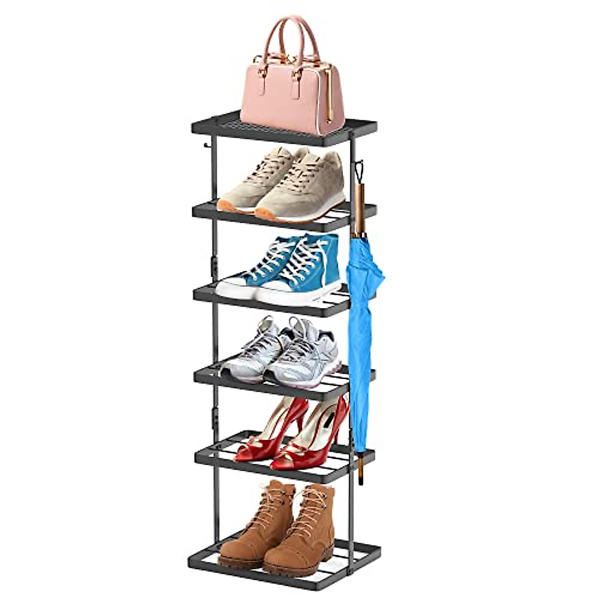 Shoe Rack Shoe Organizer for Plus Size Shoes, Modern Free Standing Shoe Shelf with Hooks, Sturdy Space Saving Metal Shoe Storage Vertical Narrow Shoe Stand for Entryway Closets, 6 Tiers Black