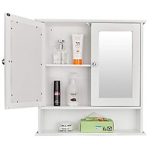 Volowoo Bathroom Mirror Cabinet,Double Door Mirror Indoor Bathroom Wall Mounted Cabinet Shelf White