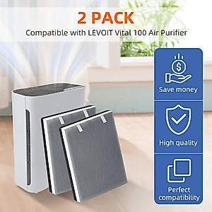 Vital 100 True HEPA Replacement Filter for LEVOIT 100 Air Purifier,High-Efficiency Activated Carbon Filter, Vital 100-RF, 2 Pack, White
