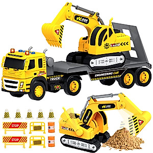 MOBIUS Toys 4-in-1 Construction Vehicle Bundle - 1:12 Scale Dump Truck, Flatbed and 2 Excavators with Lights and Sounds, Push and Go Realistic Big Truck Toy, Construction Vehicle Excavator Toy