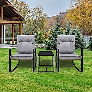 YIYAN 3 Piece Bistro Set Outdoor Patio Rocking Wicker Chairs with Washable Cushion and Coffee Table (Gray)