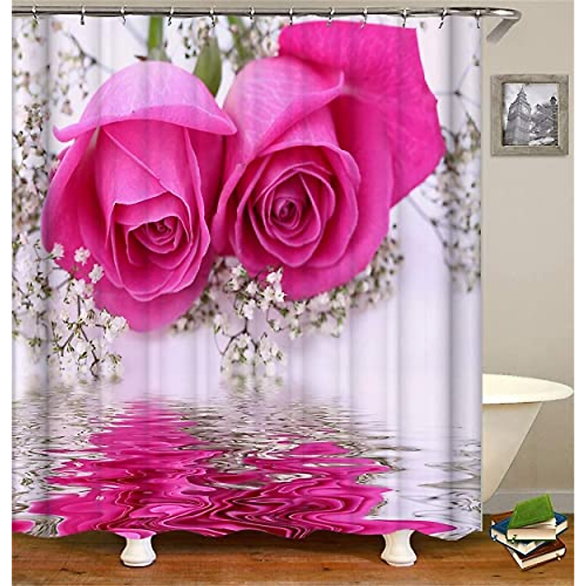 Flower Bathroom Shower Curtain Sets, Pink Water Roses Bathroom Sets with Shower Curtain and Rugs, Toilet Lid Cover and Bath Mat, Artistic Shower Curtains with Hooks