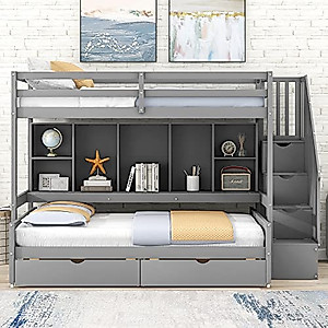 BIADNBZ Twin XL Over Full Bunk Bed with Built-in Storage Shelves and Drawers,Multi-Function Bedframe with Storage Staircase for Bedroom,Gray