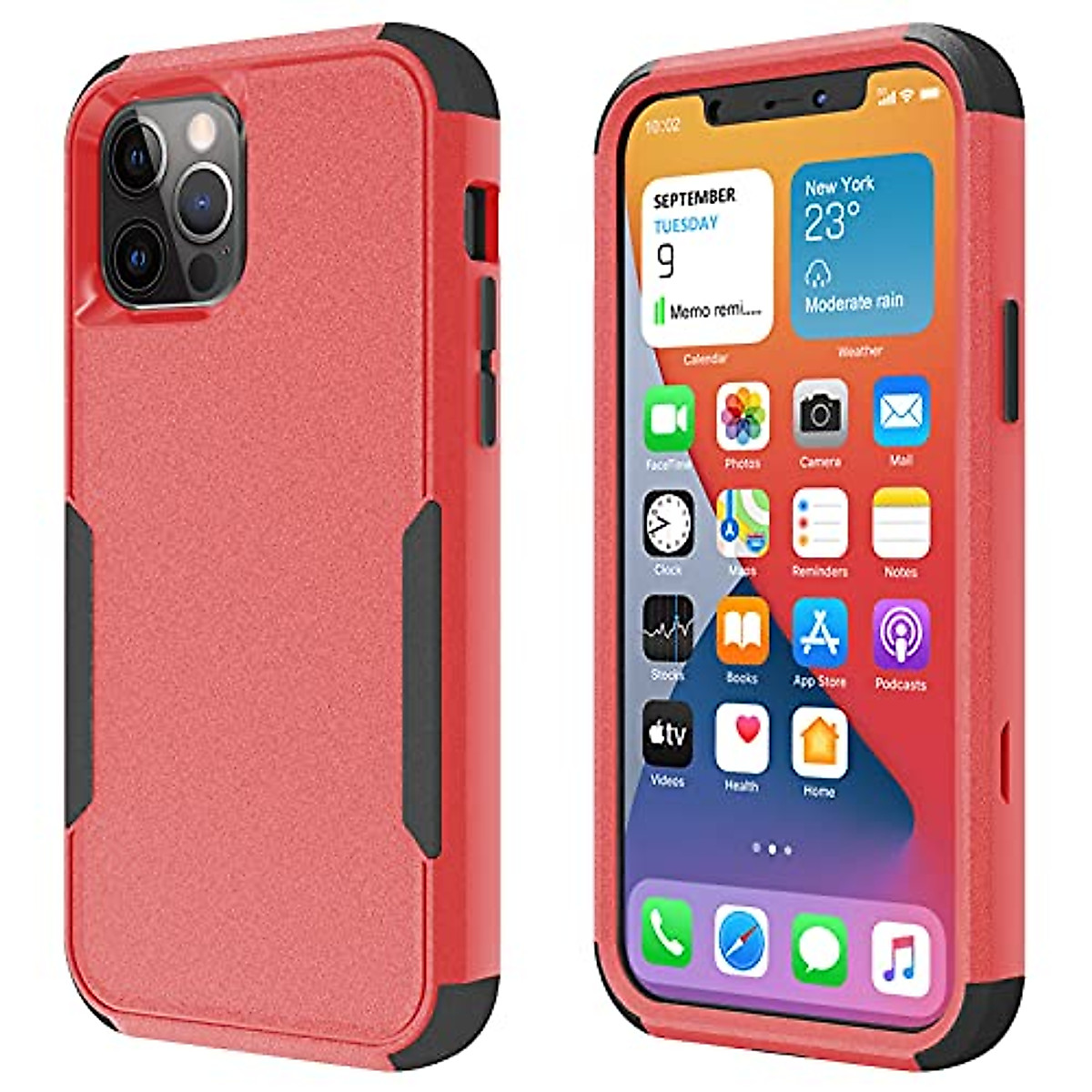 Huness Case for iPhone 12 Pro Case & iPhone 12 Case + Tempered Glass Screen Protector Heavy Duty Protection Shockproof Drop Proof 3 in 1 Commuter Case - Red