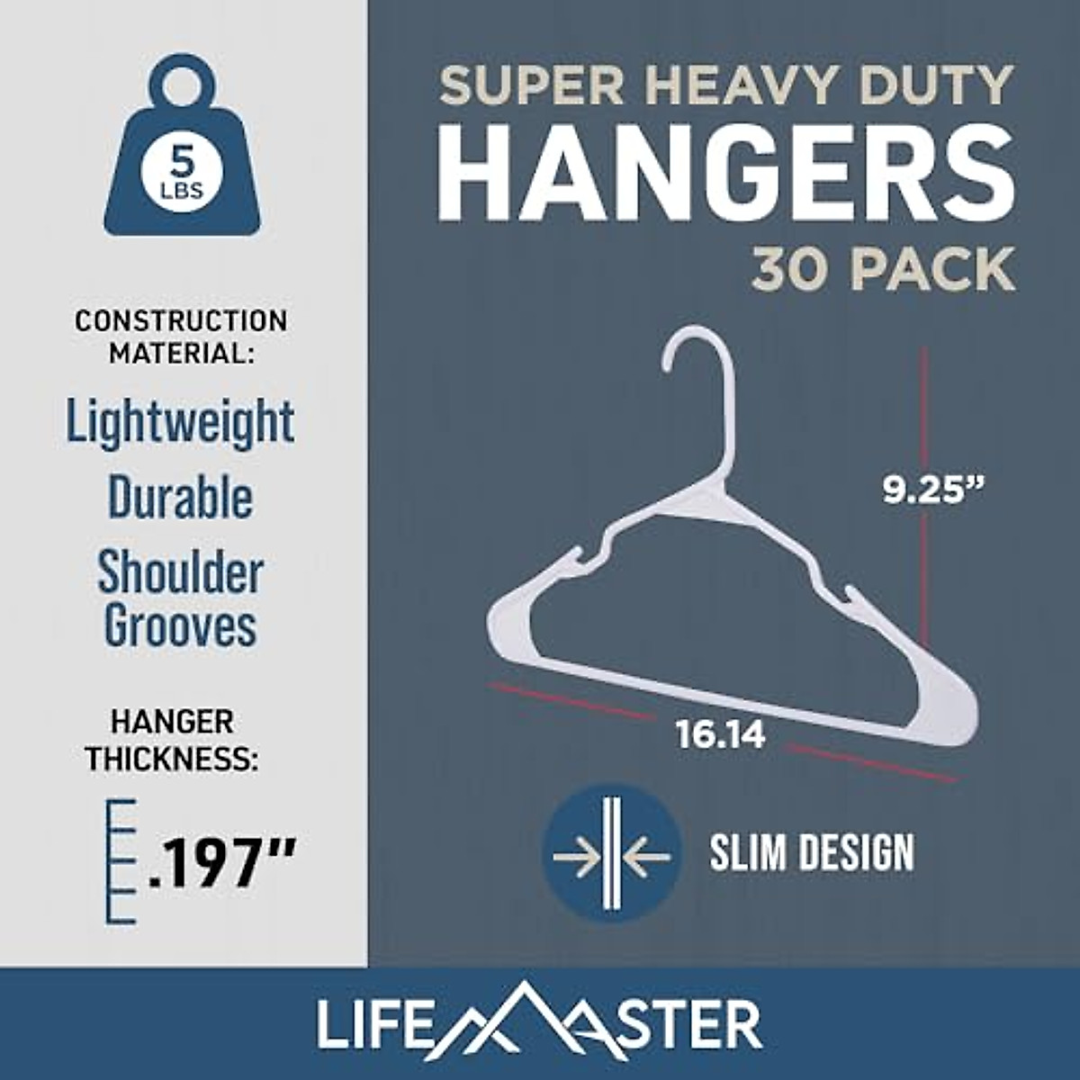 Lifemaster Plastic Clothes Hanger Set - 30 Pieces Versatile, Lightweight, Space-Saving, Non-Slip, Slim Designed, Dry and Wet Clothes Hanger Set - White