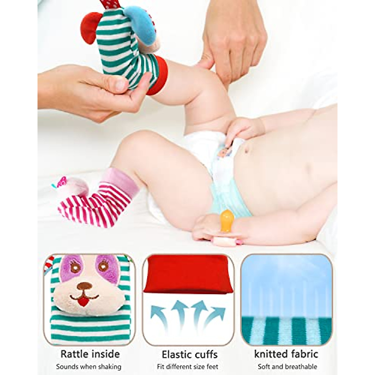 Soft Baby Rattle Toys, Wrist Rattle Foot Sock Rattles, Hand Arm Leg Ankle Handheld Rattles for Infants, Sensory Plush Animal Toys for Newborn Baby Girls and Boys (A8)