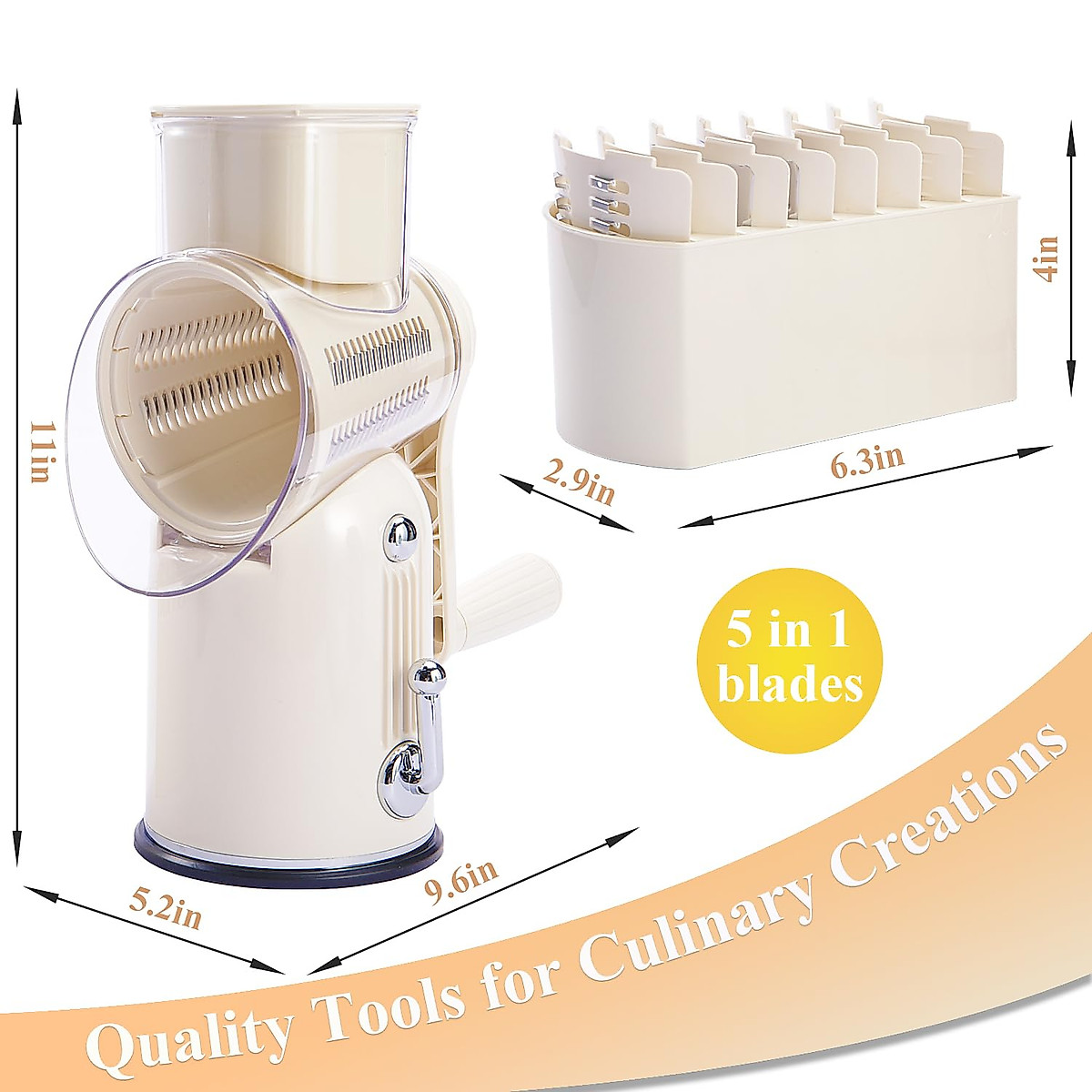 ENERGEVITY Manual Rotary Cheese Grater with Handle, 5 in 1 Replaceable Stainless Blades Cheese Shredder,Strong Suction Base Vegetable Slicer with Cleaning Brush & Bonus Storage Box for Blades (green)