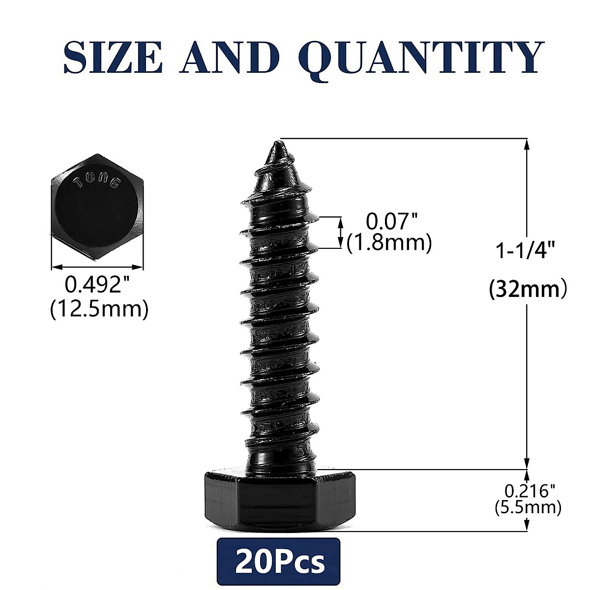 5/16" x 1-1/4" Hex Head Lag Screws Bolts 20Pcs 304 Stainless Steel 18-8, Partial Thread, Hexagon Head Wood Screws by Black Oxide by SG TZH