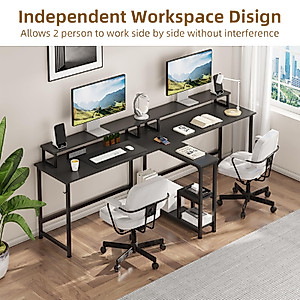 Mexin Home Office Desk-83.7 Inch 2 Person Desk with Storage Shelves and Power Outlets, Double Desk with Monitor Stand, Computer Gaming Desk, Large Work Desk, Black