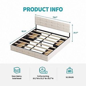 CECER California King Size Bed Frame with 4 Storage Drawers, Linen Platform Bed Frame with Upholstered and Button Tufted Headboard, No Box Spring Needed Bed Frame with Adjutable Headboard-Beige