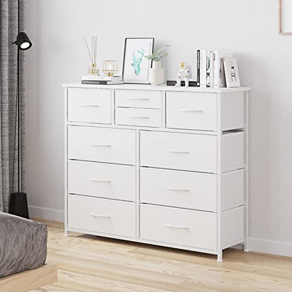 LUMTOK 10-Drawer Dresser, Fabric Storage Dressers Drawers for Bedroom, Hallway, Nursery, Closets, Steel Frame, Wood Top, Easy Pull Handle (White)