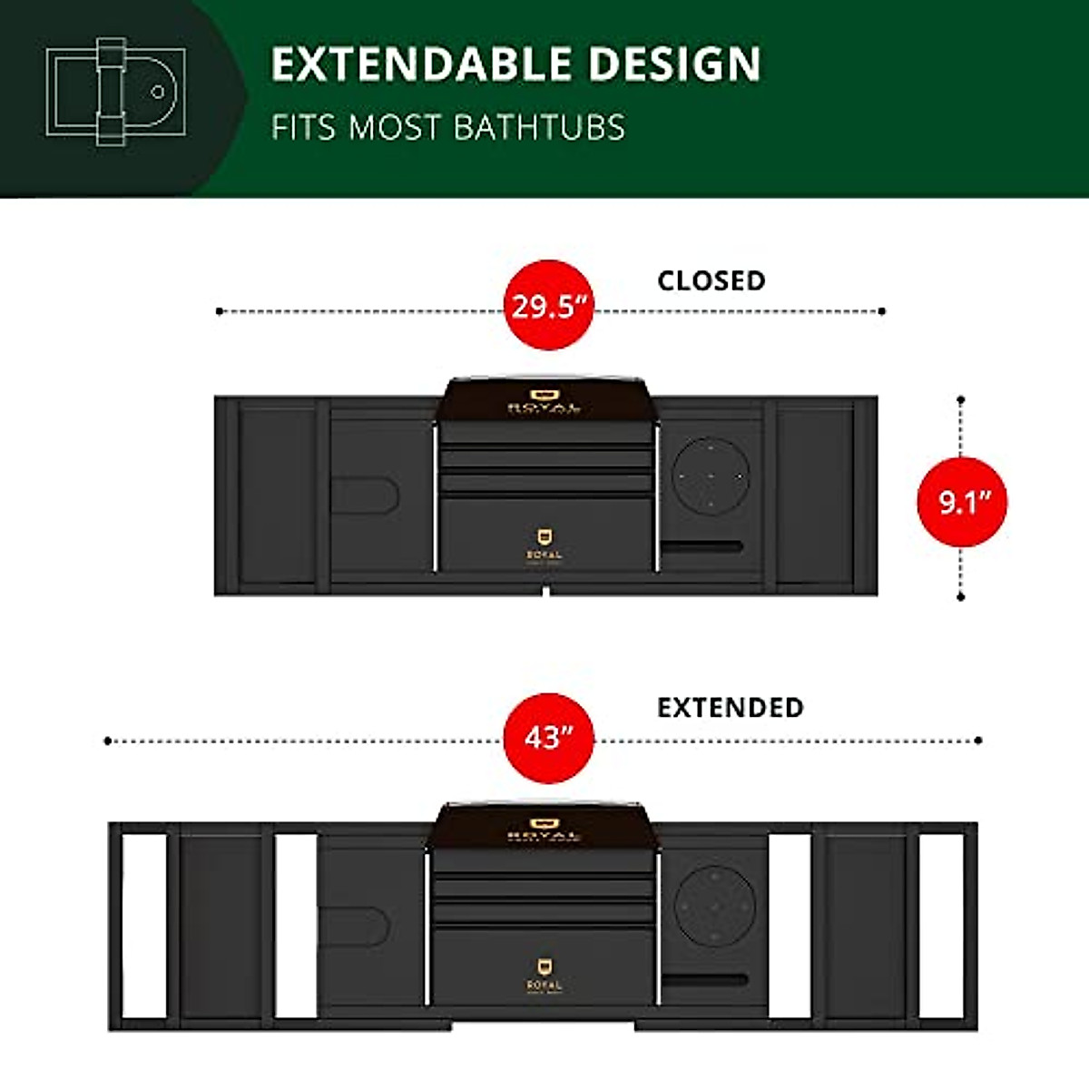 ROYAL CRAFT WOOD Luxury Bathtub Caddy Tray, 1 or 2 Person Bath and Bed Tub Table with Extending Sides, Adjustable Organizer Tray for Bathroom - Free Soap Dish (Black)