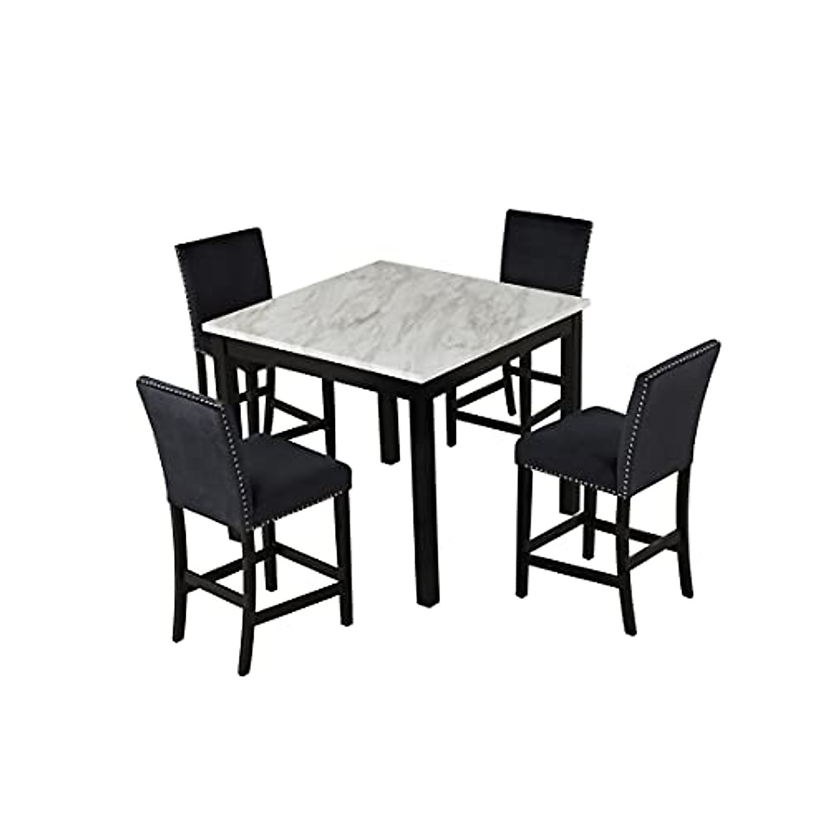 Woanke Piece Counter Height Set with One Faux Marble Table and 4 Upholstered-Seat Chairs for Kitchen Dining Room, Black MDF 5 pcs