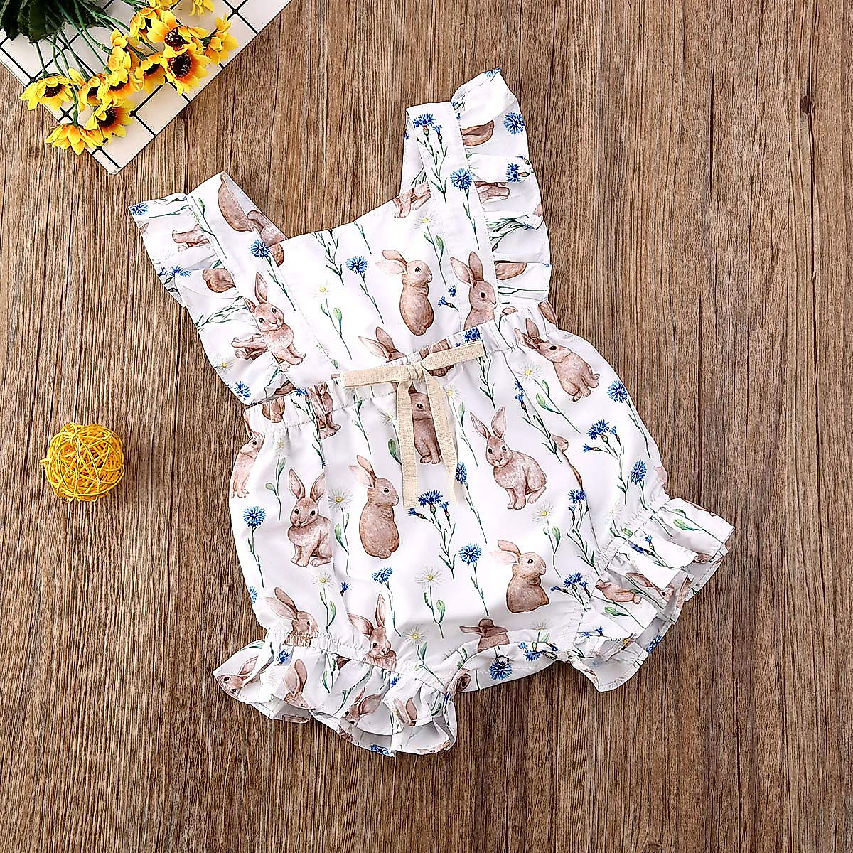 Lamuusaa Infant Baby Girls Easter Bunny Romper Ruffled Sleeveless Bodysuit One-Piece Jumpsuit Shorts Summer Outfits 3-18M (White, 9-12M)