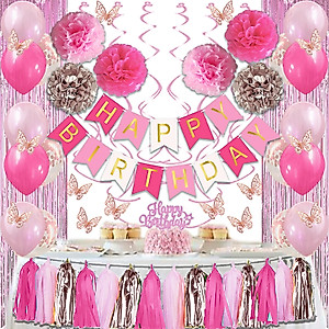 GoExquis Hot Pink Rose Gold Birthday Decorations for Women Girls Butterfly Decor Cake Topper Hanging Swirls Foil Curtain Tassel Garlands Paper Pom Poms Happy Birthday Banner Balloons