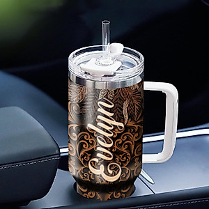 WAZONE Personalized Elephant 40oz Tumbler with Handle and Straw Custom Name Animal Wooden Drawings Stainless Steel Travel Coffee Cup With Lid Gifts for Elephants Lover Men Women Teen