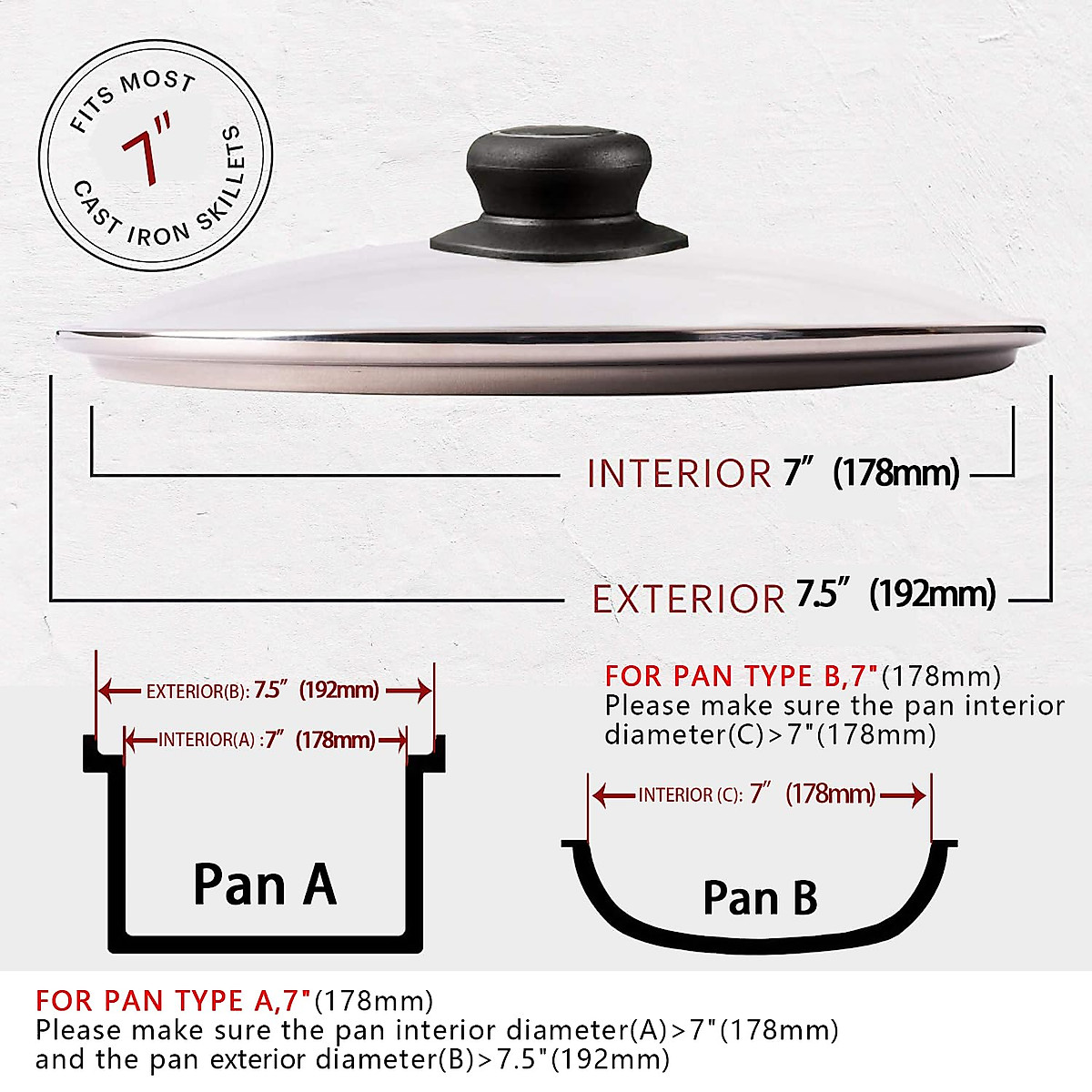 CORYTAO 7 Inch Pan Lid Tempered Glass Pot Lid - Oven Safe Replacement Glass Lid for Frying Pan Wok Pot Skillet