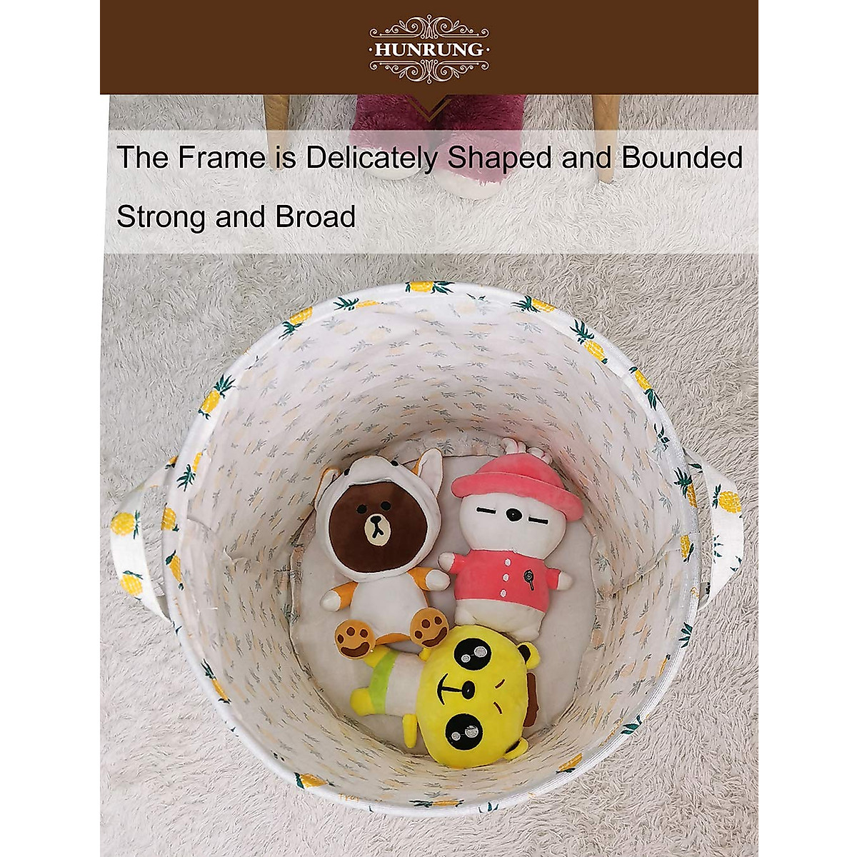 HUNRUNG Laundry Hamper,Large Canvas Fabric Lightweight Storage Basket Toy Organizer Dirty Clothes Collapsible Waterproof for College Dorms, Children Bedroom,Bathroom (Pineapple)