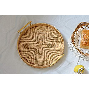 DECRAFTS Rattan Round Serving Tray Wicker Woven Bread Basket with Handles for Cracker Dinner Parties Coffee Table Breakfast (Natural 12.6 inches)