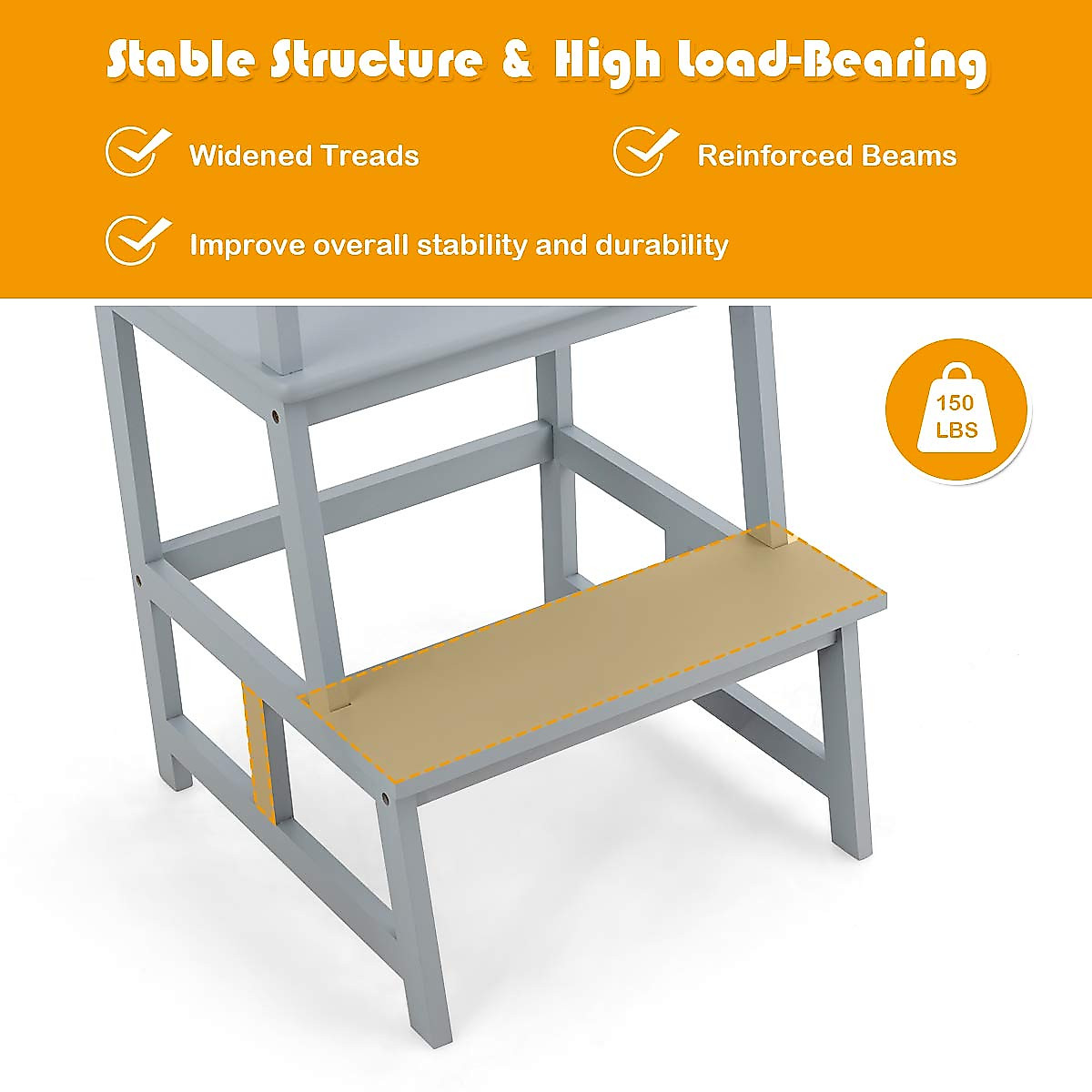 Costzon Kids Kitchen Step Stool with Safety Rail, Toddler Kitchen Stool w/Solid Bamboo Construction, Child Stand Helper for Kitchen Bathroom Living Room, Perfect for Toddler from 18-36 Months (Grey)