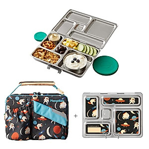 PlanetBox Rover Stainless Steel Bento Lunch Box with 5 Compartments for Adults and Kids, Space Animals Carry Bag and Magnets