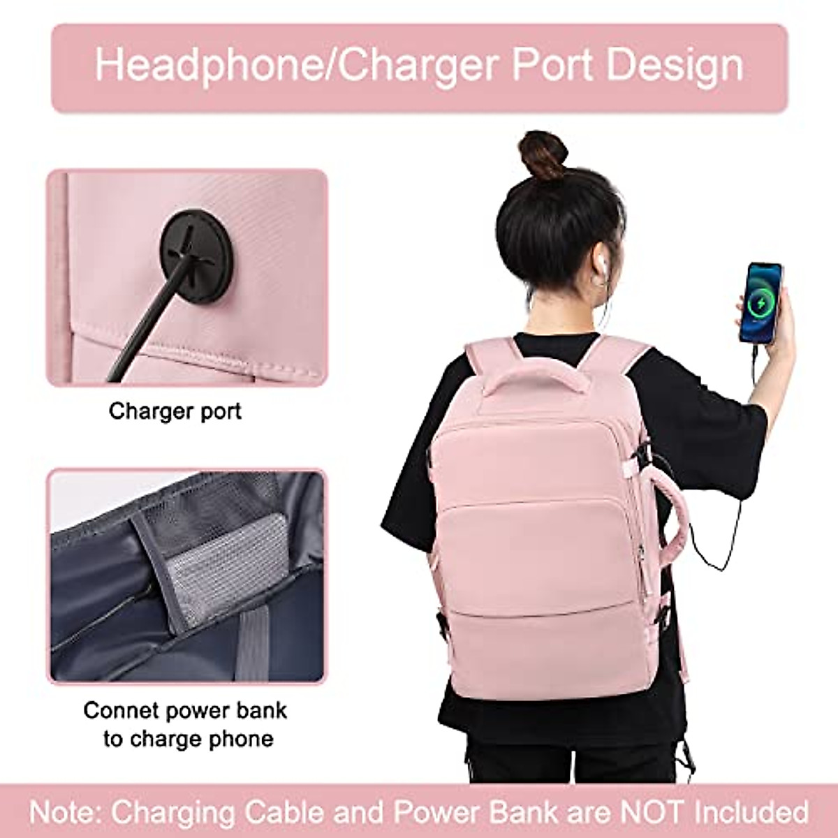 Hanples Large Travel Laptop Backpack for Women, Carry On Backpack, Hiking Backpack, Waterproof Durable Business Backpack with USB Charging Port, College Computer Bag, Fits 16 Inch Laptop
