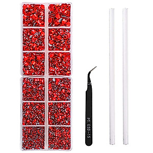 OUTUXED 5040pcs Red Flatback Rhinestones for Crafting, Crystal Round Gems for Nail Art DIY Crafts Halloween Clothes Bags, 6 Mixed Size Hotfix Rhinestones with Tweezers and Picking Rhinestones Pen