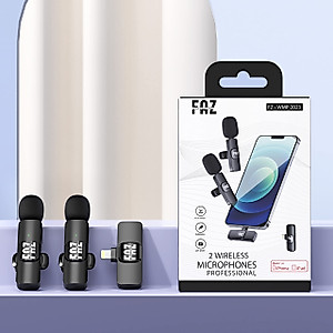 FAZFACTORY Wireless Lavalier Mini Microphone for iPhone - 2 Wireless Microphones - Clip On Plug and Play - Auto Sync - No App Required - Premium Noise Cancelling - Crisp and Sharp Recording