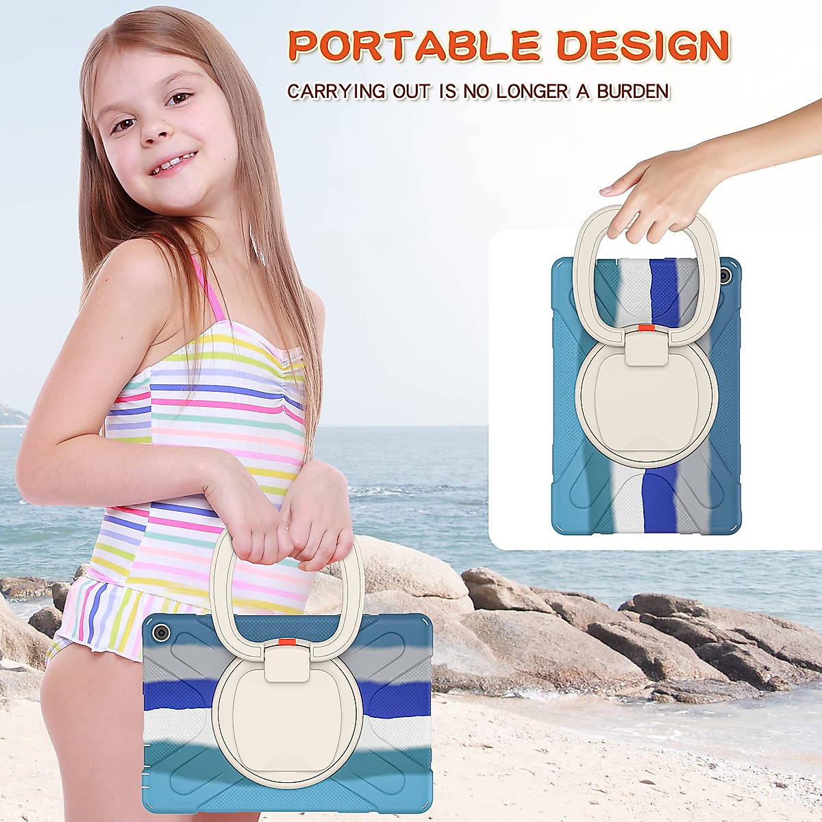 360 ° Rotation Portable Case for Fire HD 10 & HD 10 Plus Tablet（11th Generation, 2021 Release Rugged Case Rotating Stand Hand Strap Shoulder Carrying Strap Outdoor Cover (Colourful Blue)