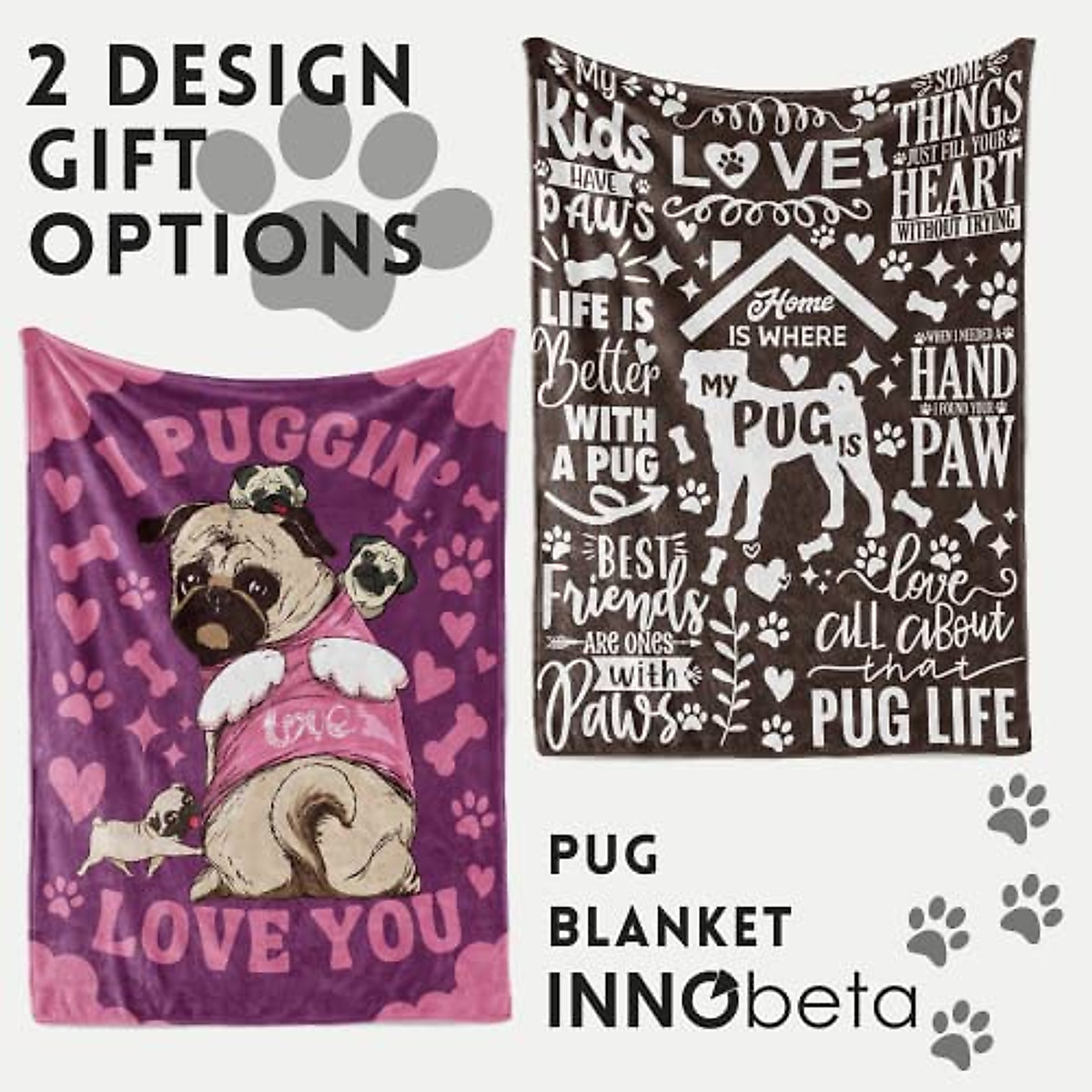InnoBeta Pug Blanket, Pug Gifts, I Puggin’ Love You, Pug Flannel Blanket for Pug Lovers, Soft Throw Blanket for Women, Girlfriend, Besties, Wife, Bed, Sofa Blanket 50"x 65"