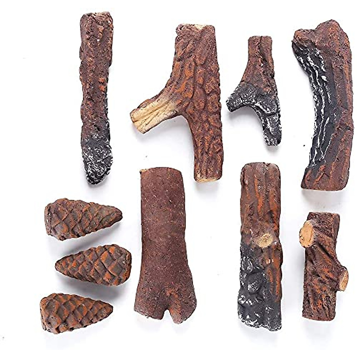 NC Gas Logs 10pcs Gas Fireplace Logs Set of Ceramic Wood Logs. Fireplace Log Set for Ventless, Electric Outdoor Fireplaces Fire Pits Realistic Use (10, 15w*22L)