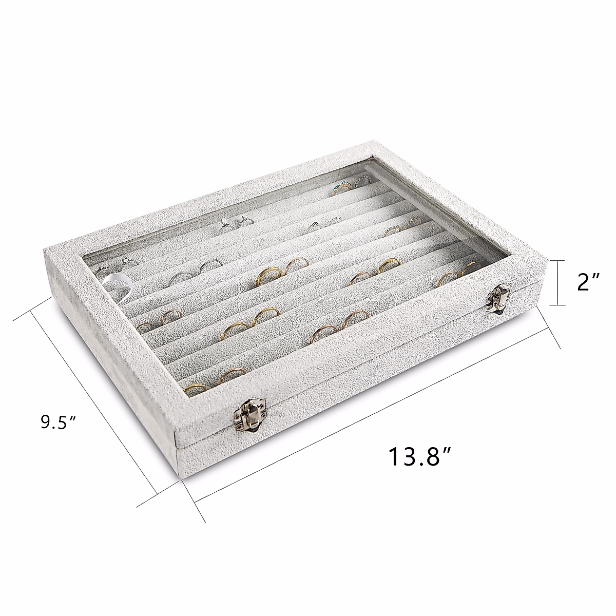 Frebeauty Rings/Earrings Organizer Tray with Clear Lid 10 Slots Velvet Drawer Insert Jewelry Storage box with Glass lid Jewelry Display Case Showcase Gift for Girls Women (Grey, 10 Slots)
