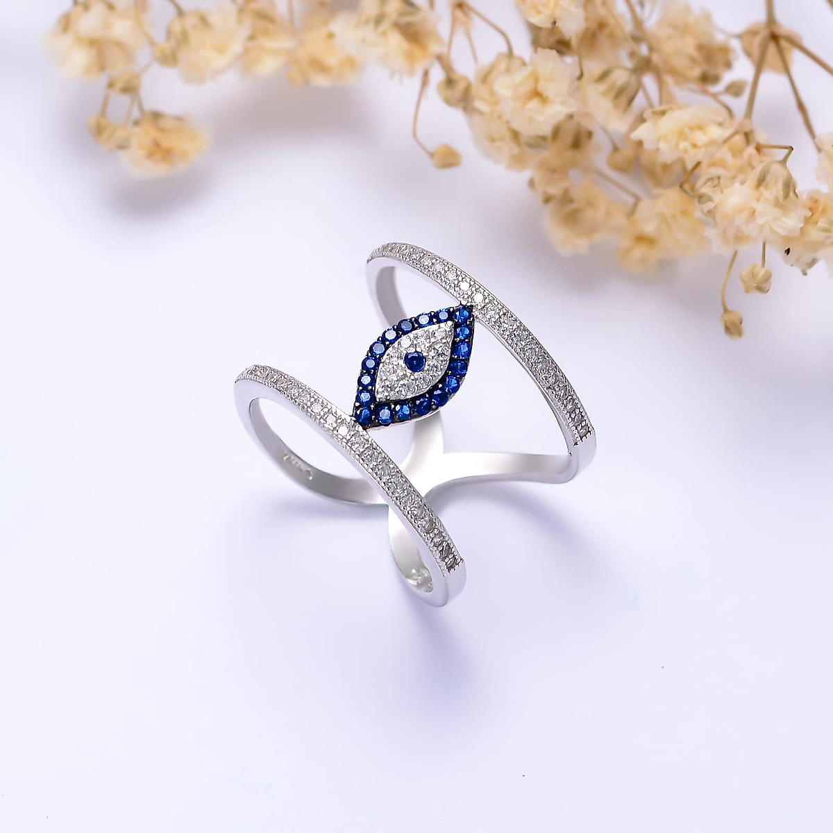 PEIMKO Evil Eye Ring Spiritual Turkish Double Band Ring Size7/8/9 Sterling Silver Blue Evil Eye Rings Round Evil Eye Ring Greek Evil Eye Protection Ring for Women(9)