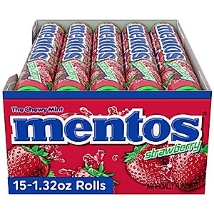 Mentos Chewy Mint Candy Roll, Strawberry, Non Melting, Party,15 Count (Pack of 1)