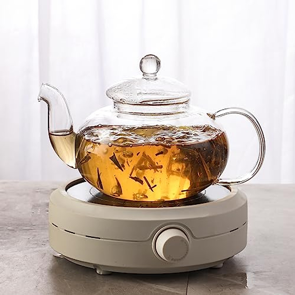 Glass Teapot Set, 40OZ/1200ml Stovetop Safe Glass Tea Kettle with Removable Infuser & Tea Warmer, Tea Cups and Saucers Set of 4, Blooming Tea & Loose Leaf Tea Maker Set for Women
