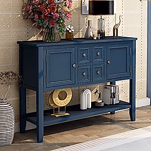 Merax Farmhouse Entryway Console Sofa Table for Living Room, Sofa Table with Storage Drawers and Shelf for Dining Room, Wood Narrow Kitchen Sideboard Cabinet with Door, Antique Navy