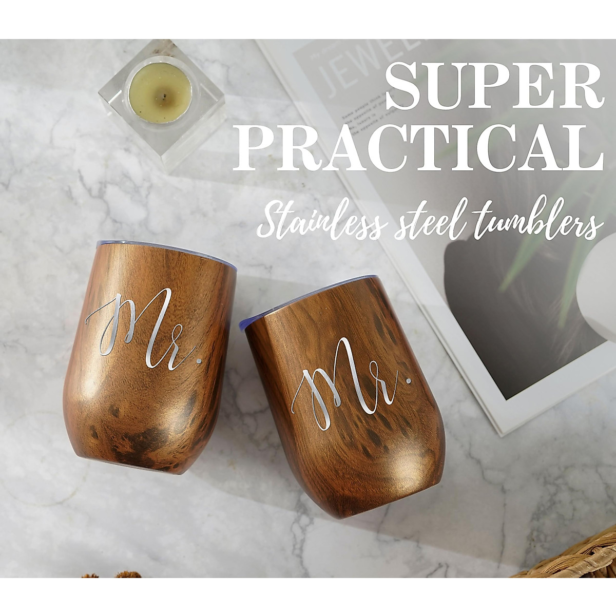 Onebttl Wedding Gifts for Gay Couples, Mr and Mr Gifts Tumbler Set, Gifts for Engagement, Valentine's Day, Newlywed, Anniversary, Stainless Steel Tumbler with Lid 12oz/350ml - Wood
