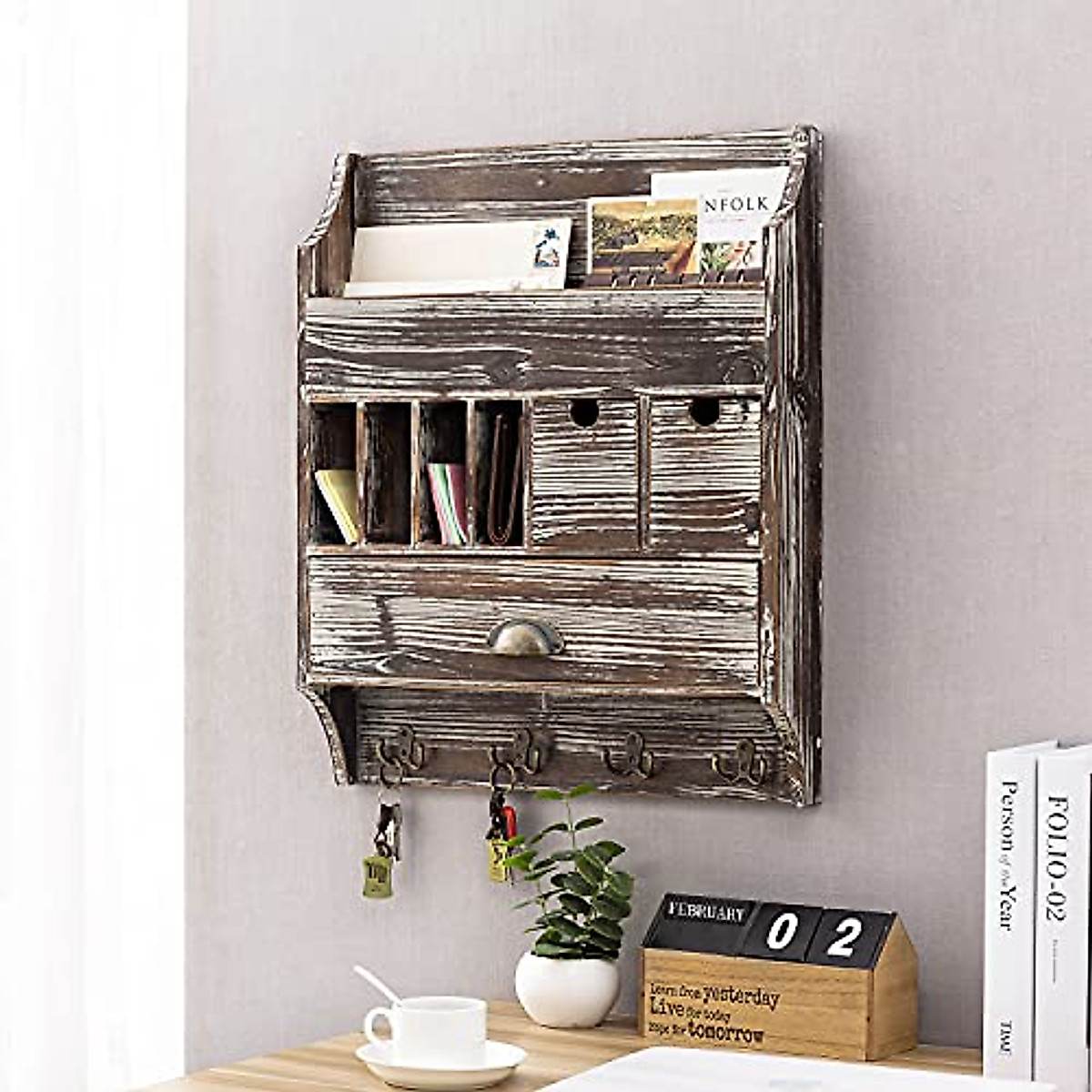 MyGift Torched Wood Entryway Wall Organizer with Mail Holder Organizer, Accessories Storage Compartments, Pull Out Drawers and Dual Key Hooks
