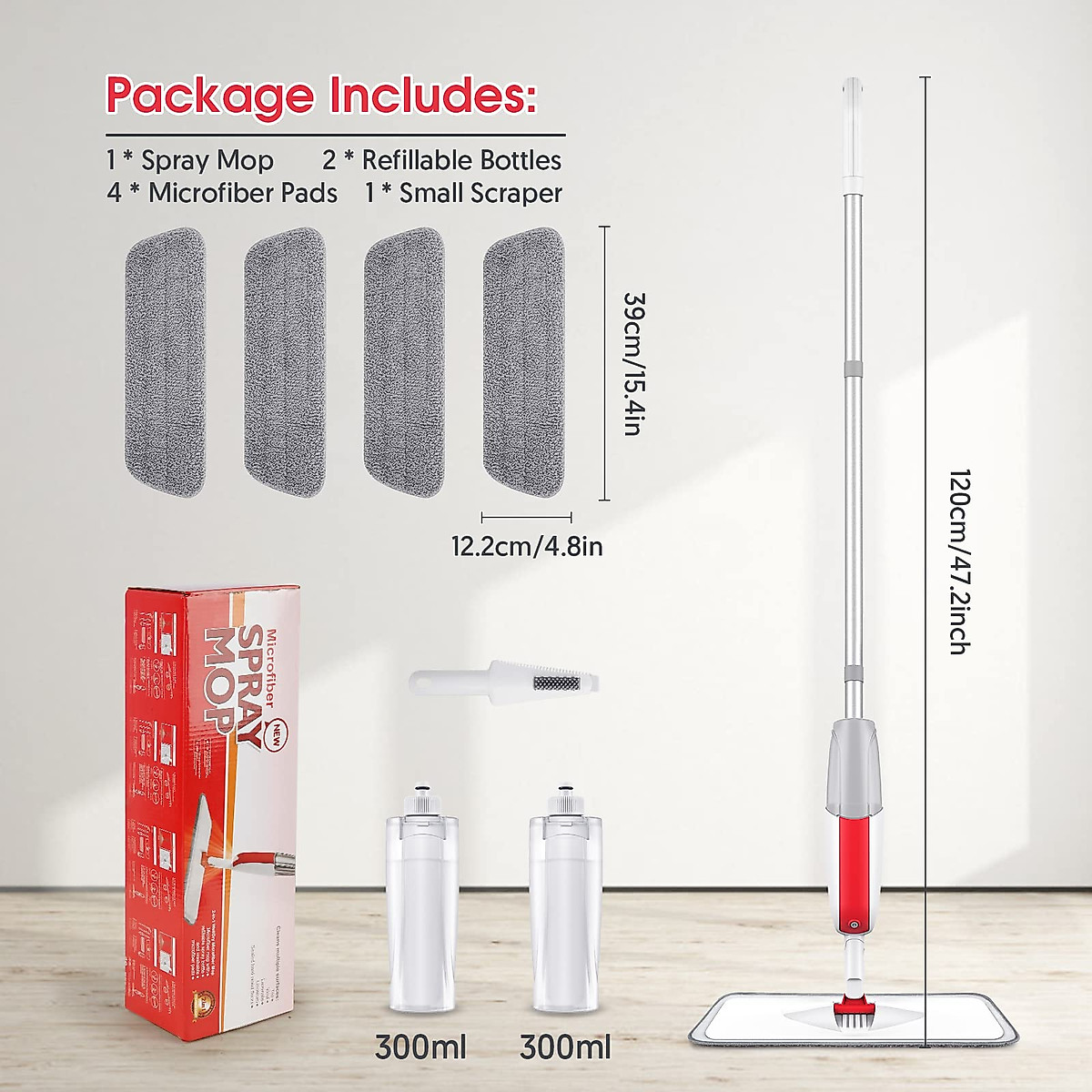 MANGOTIME Microfiber Spray Mop for Hardwood Floor Cleaning - Wet Dry Dust Mop with 2 Refillable Bottles & 4 Washable Reusable Pads, Flat Kitchen Mop for Wood, Tile, Laminate, Vinyl