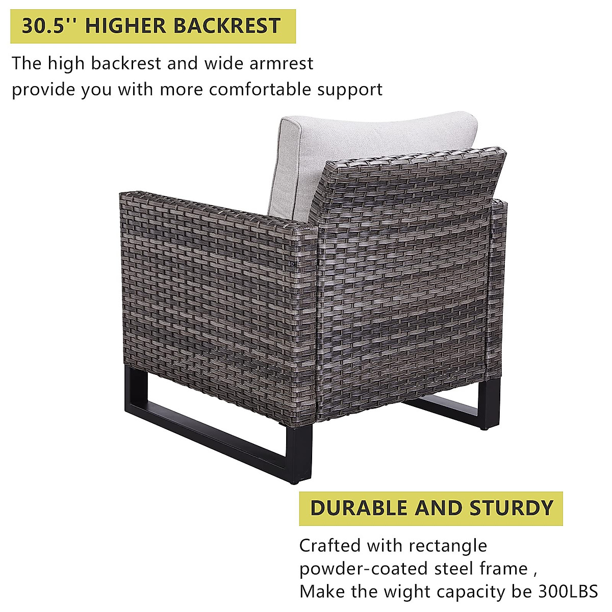 HUMMUH Outdoor Chairs PE Wicker Patio Dining Chairs Set of 2 High Back Metal Frame Porch Chairs with 4 inch Seat Cushions