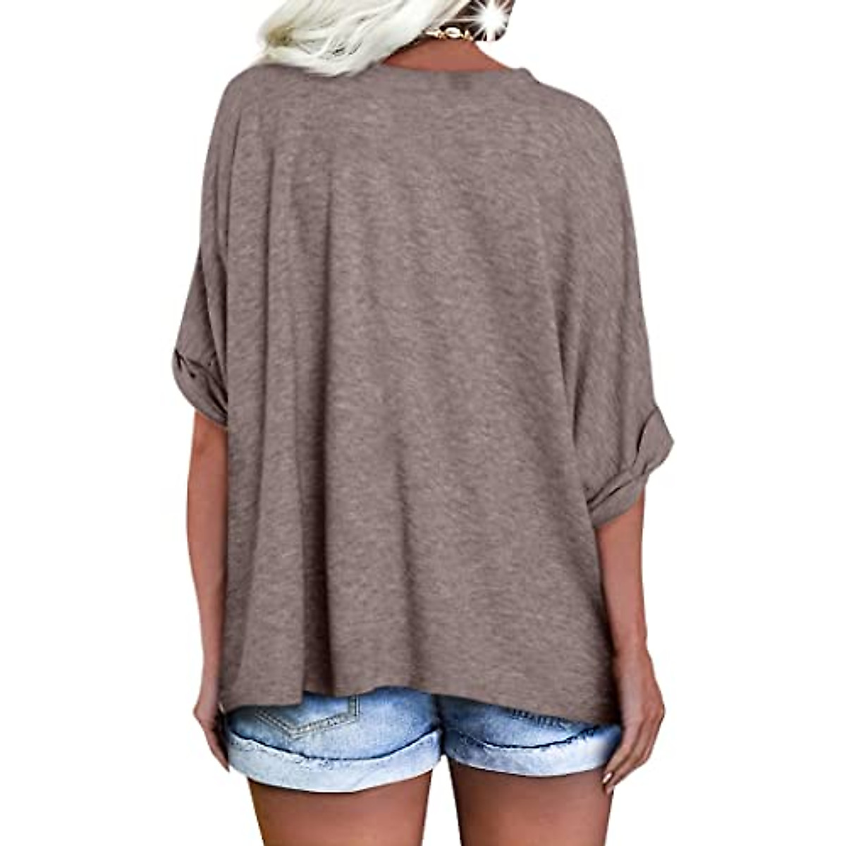 Langwyqu Women's Oversized T Shirts V Neck Short Sleeve Summer Casual Loose Tops Tees Brown