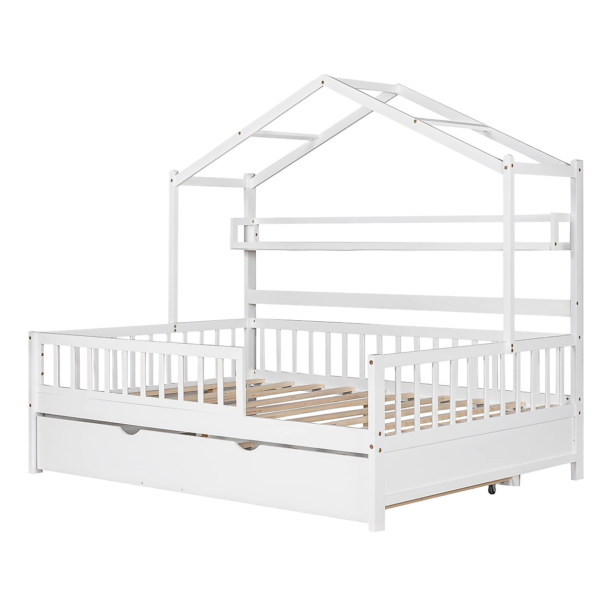 Merax Full Size House Bed with Trundle, Wooden Full Size Platform Bed Frame with Shelf, No Box Spring Needed, White