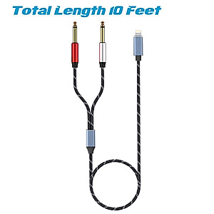 DCNETWORK Lightning to Dual 6.35mm 1/4" TS Mono Stereo Y-Cable Splitter to Dual 1/4 inch Audio Cable Compatible for iPhone12/11/X/XS/XR/8/7/iPad,Amplifier, Speaker, Headphone, Mixing Console 10FT