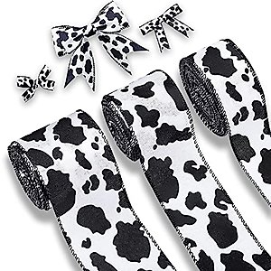 3 Rolls Wired Cow Grosgrain Ribbon, 15 Yards Wired Cow Print Ribbon Black and White Ribbon Animal Print Ribbon, Cow Spot Pattern Ribbon, Animal Print Ribbon for Wreath Bow DIY Crafts Party Decoration