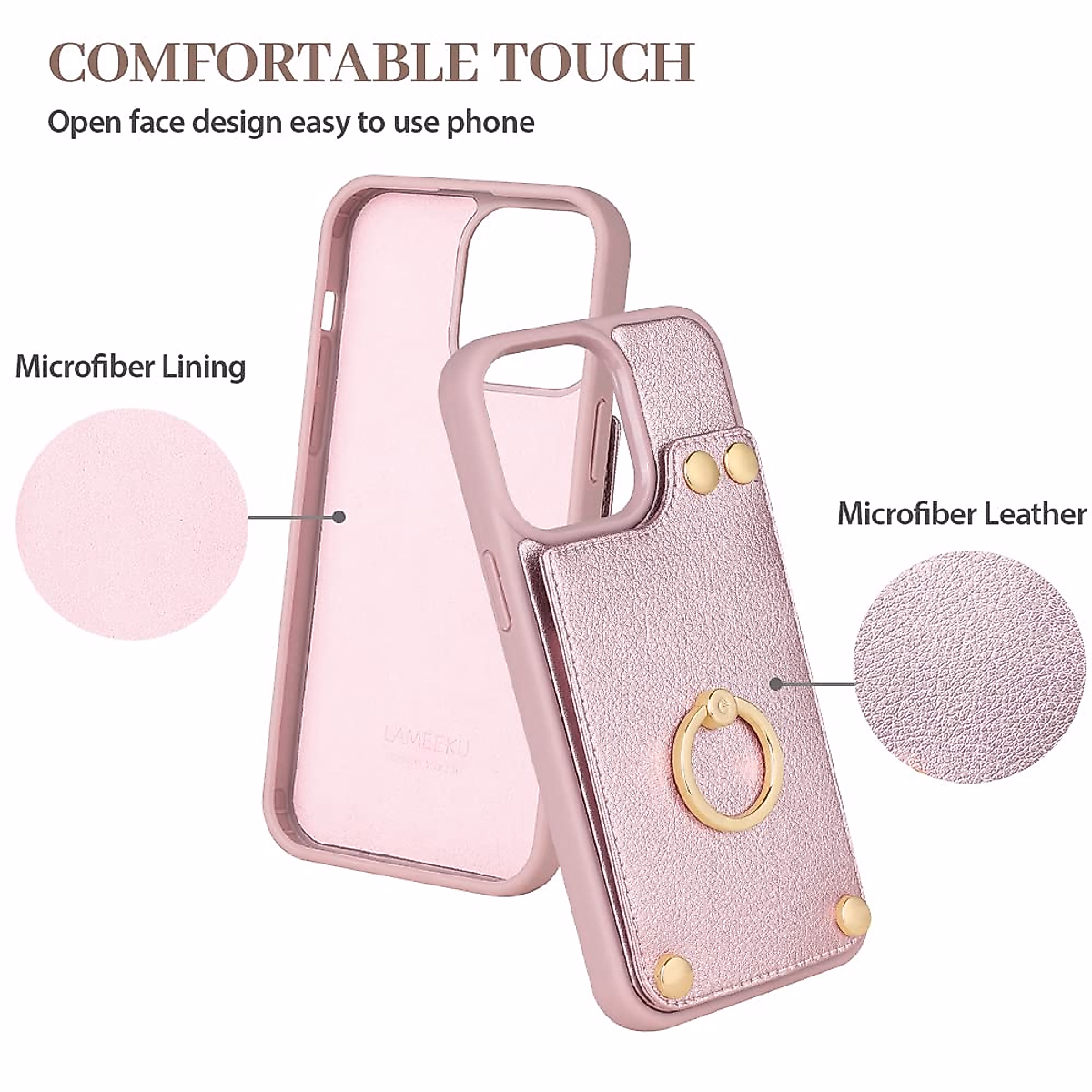 LAMEEKU for iPhone 12 Pro Max Wallet Case, Case with Card Holder Leather Cover 360°Rotation Ring Kickstand Protective Bumper Designed for Women for Apple iPhone 12 Pro Max 6.7'' Rose Gold