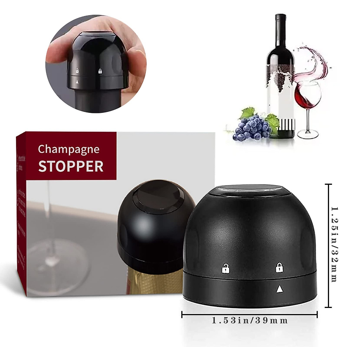 FMLBRDS Champagne Stopper Wine Bottle Stopper plug Reusable Plastic Leak Proof Seal Champagne Saver for Champagne,Cava,Prosecco&Sparkling Wine 2 Pack Black