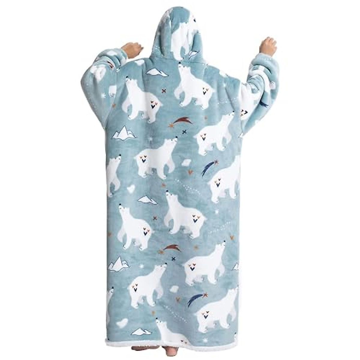 Queenshin Polar Bear Wearable Blanket Hoodie, Extra Long Oversized Sherpa Comfy Sweatshirt Robe for Adults Women Men, Warm Cozy Animal Hooded Body Blanket