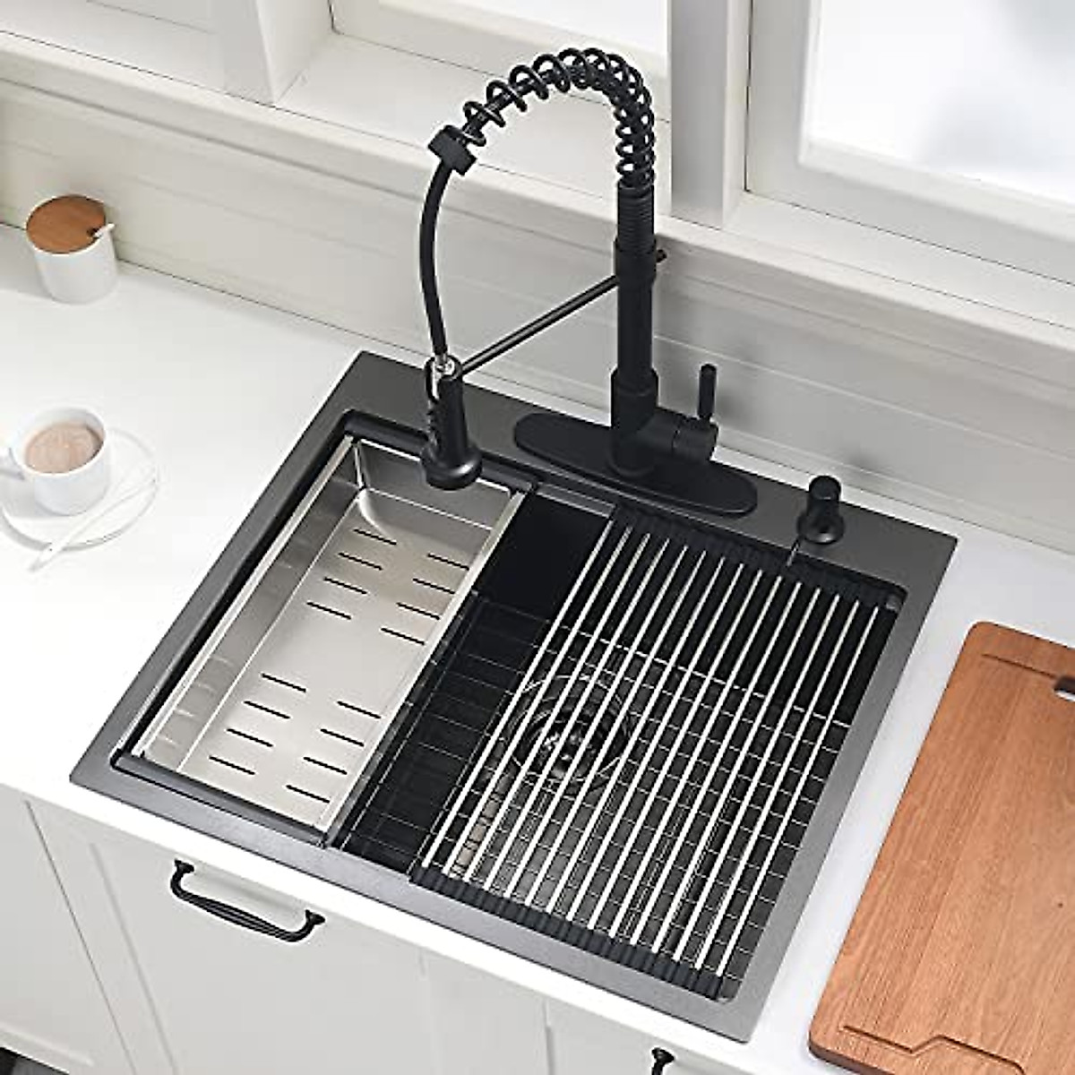 25x22-Inch Black Drop In Kitchen Sink Workstation - VOKIM 25 Inch Single Bowl Kitchen Topmount Sink 16 Gauge Stainless Steel 10'' Deep Handmade Kitchen Sink with Cutting Board& Strainer